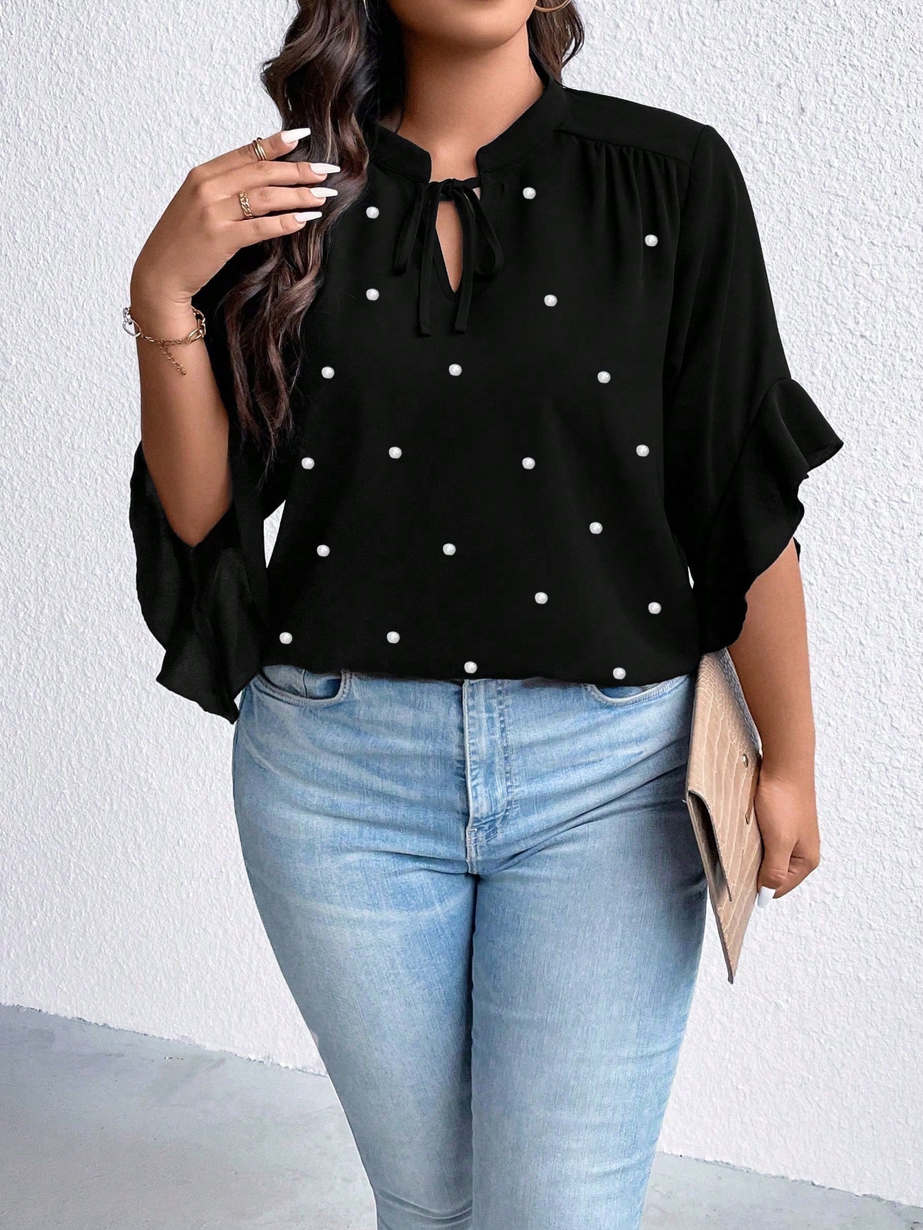 Shein Clasi Plus Pearls Beaded Tie Neck Flounce Sleeve Blouse Shein Usa