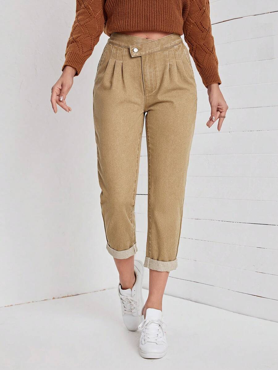 SHEIN LUNE Fold Pleated Roll Up Hem Cropped Jeans | SHEIN USA