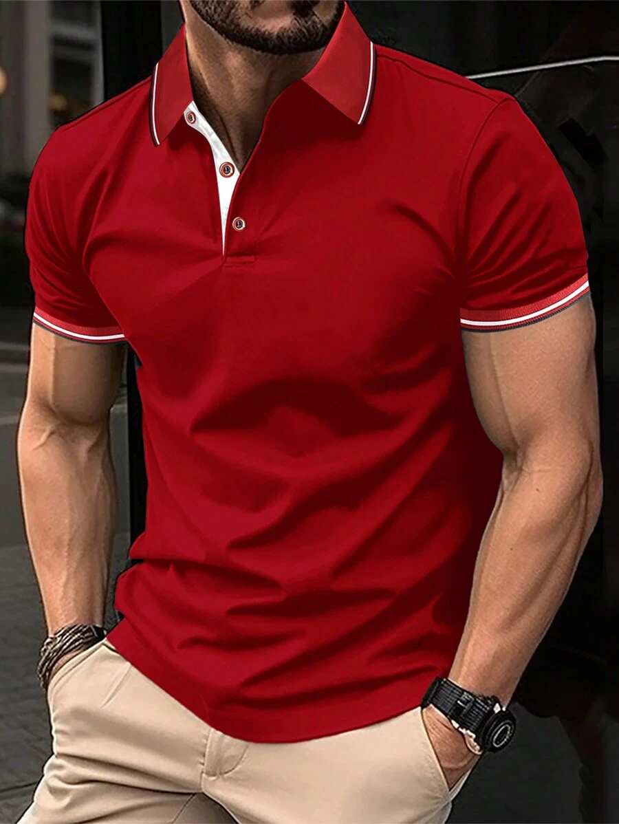 Manfinity Mode Men Contrast Trim Half Button Collar Color Block Business Casual Polo Shirt For ...