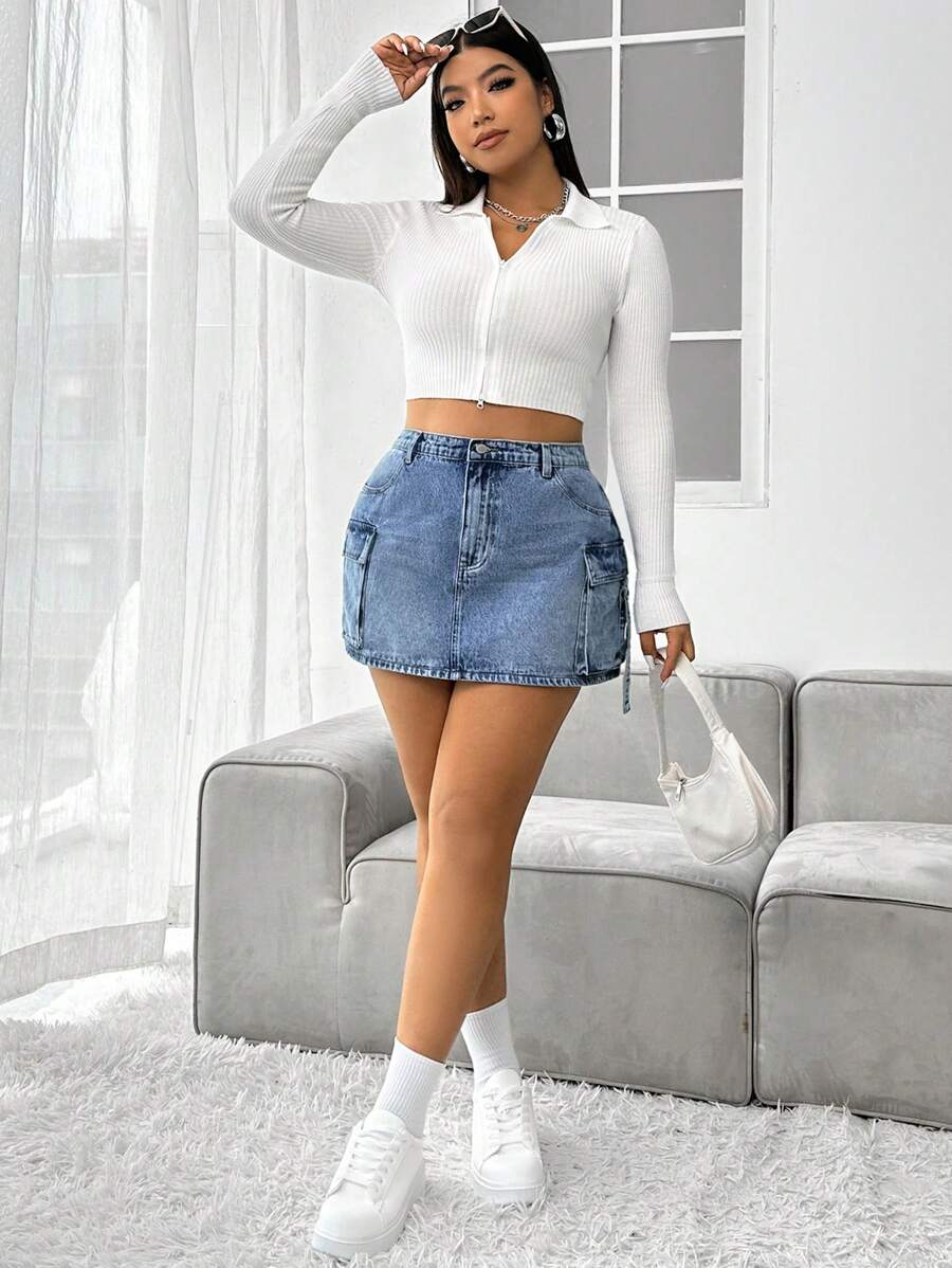 Shein X Shawty Bae Shein Ezwear Plus Size Utility Denim Skirt With