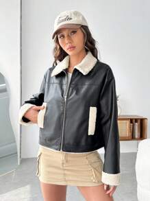 SHEIN EZwear Drop Shoulder Jacke in Lederoptik mit Teddy Futter und ...