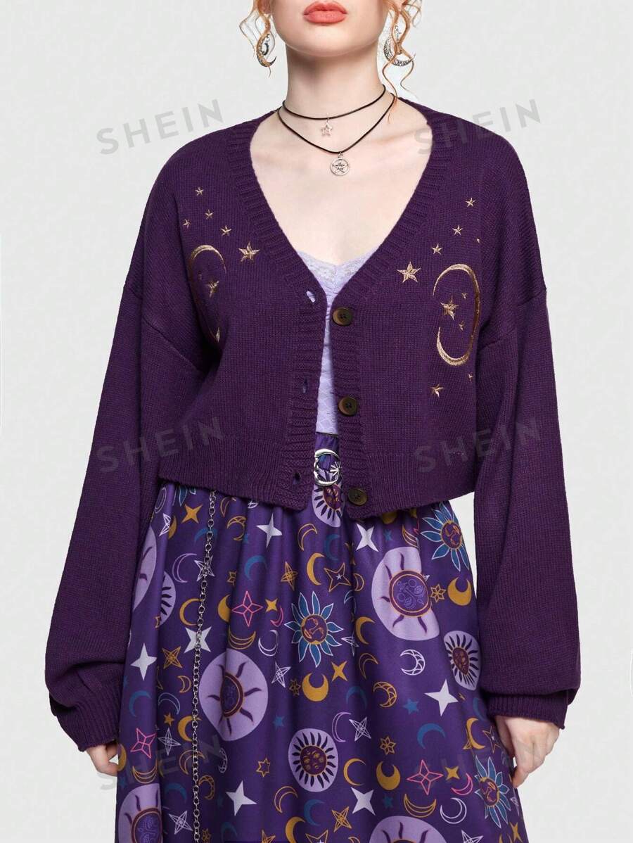 ROMWE Hippie Moon & Star Pattern Drop Shoulder Cardigan | SHEIN USA