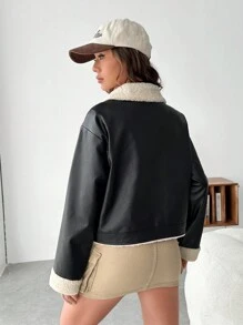 SHEIN EZwear Drop Shoulder Jacke in Lederoptik mit Teddy Futter und ...