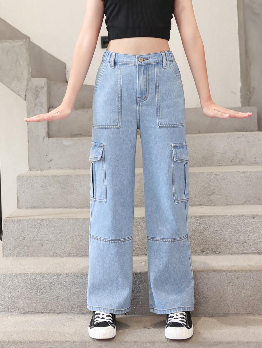 Tween Girl Flap Pocket Side Cargo Jeans | SHEIN USA