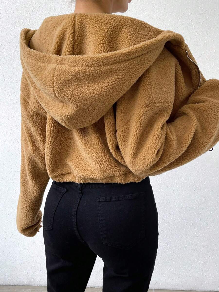 SHEIN LUNE Drop Shoulder Hooded Teddy Jacket | SHEIN UK