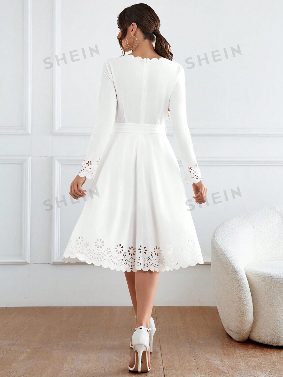 Shein Clasi Laser Cut Out Scallop Trim Belted Dress Church Dress