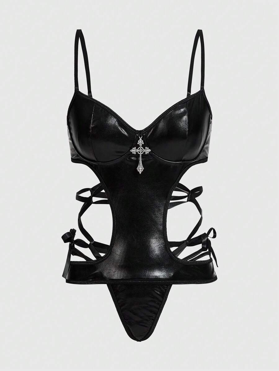 ROMWE Goth PU Leather Cut Out Teddy Bodysuit | SHEIN USA