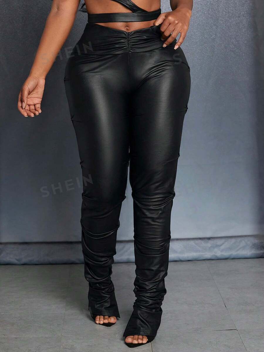 Shein Slayr 2024 Sexy Bodycon Pu Leather Stacked Pants Elegant Cut Out