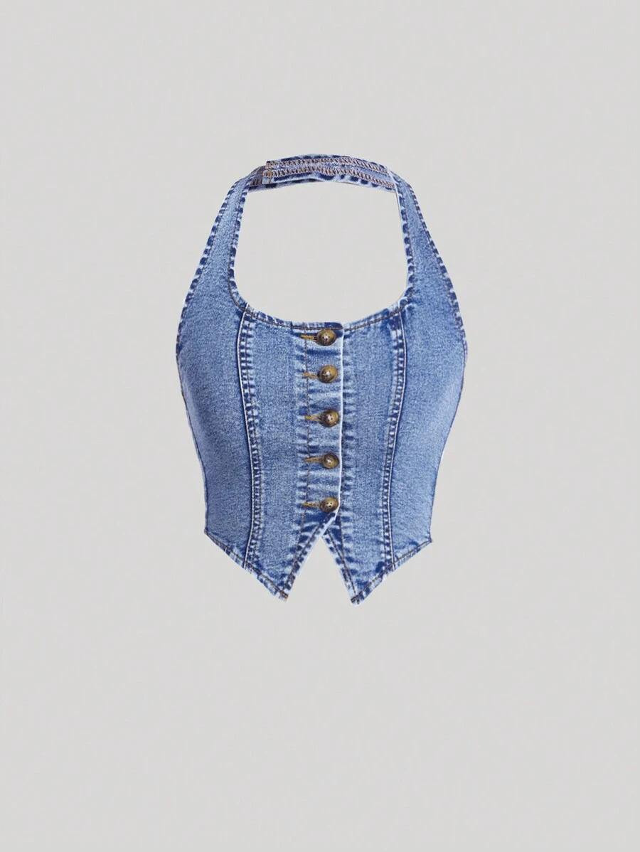 Teen Girl Button Front Halter Neck Backless Denim Top | SHEIN USA