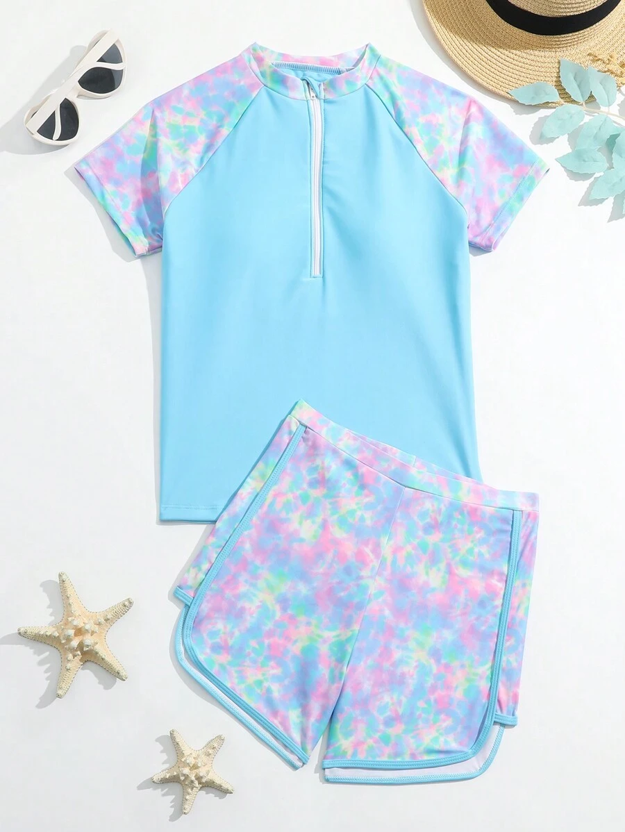 SHEIN Tween Girl com zíper frontal manga raglan tie dye top e shorts ...