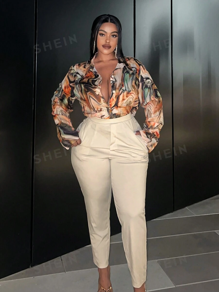 SHEIN Slayr Elegant Plus-Size 2-Piece Set For Women, Featuring Shirt ...