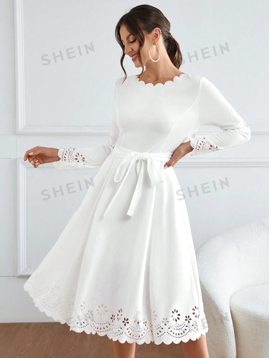 SHEIN Clasi Laser Cut Out Scallop Trim Belted Dress Church Dress ...