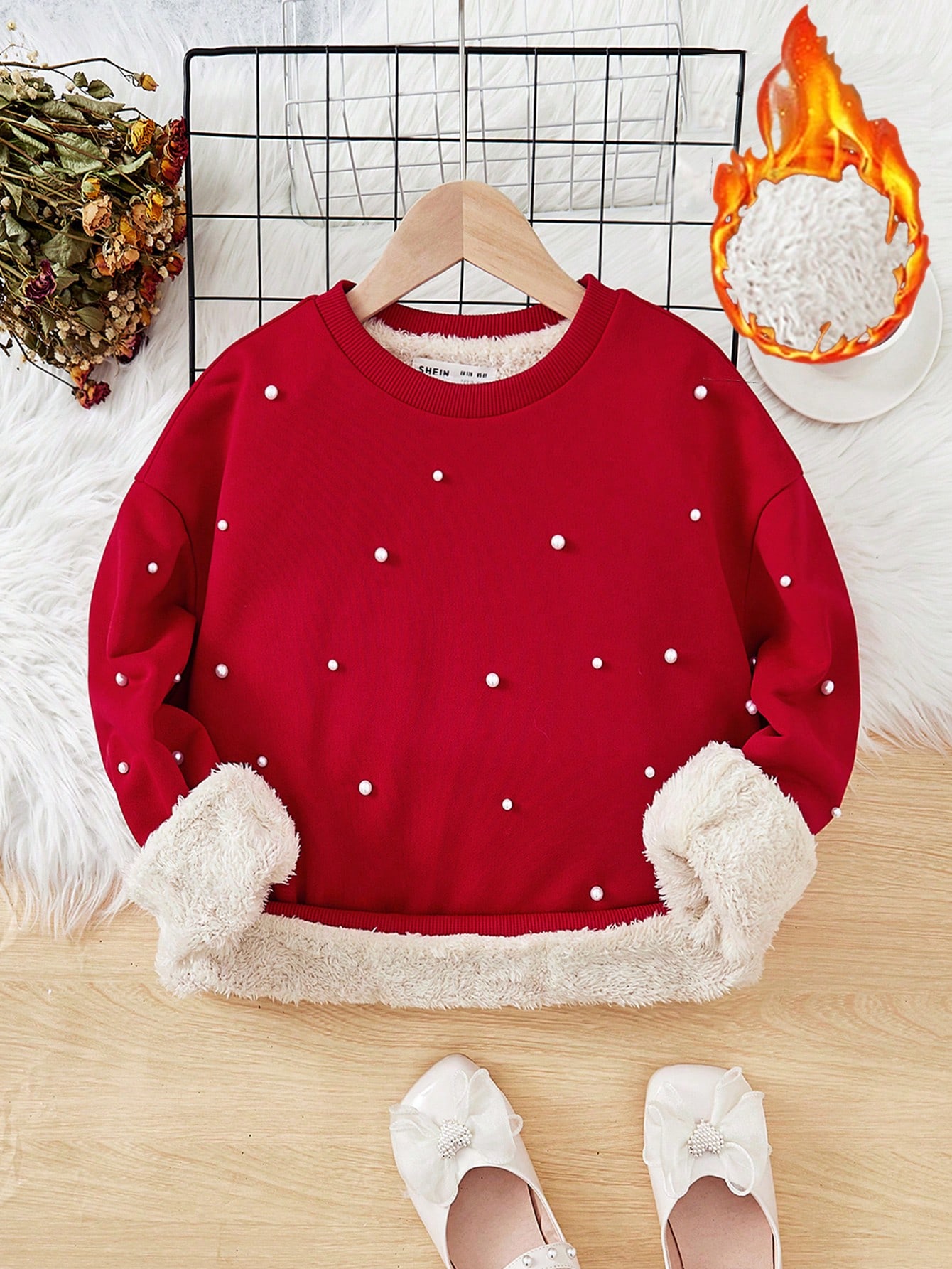 Tween Girl Pearls Beaded Drop Shoulder Teddy Lined Sweatshirt | SHEIN USA