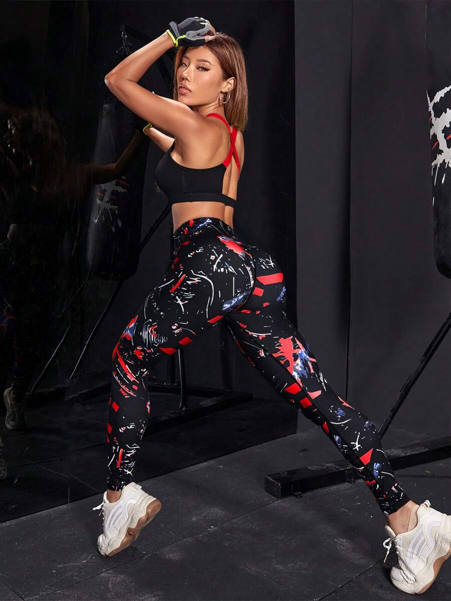 SHEIN Sport Studio Graphic Print Criss Cross Backless Wideband Waist ...