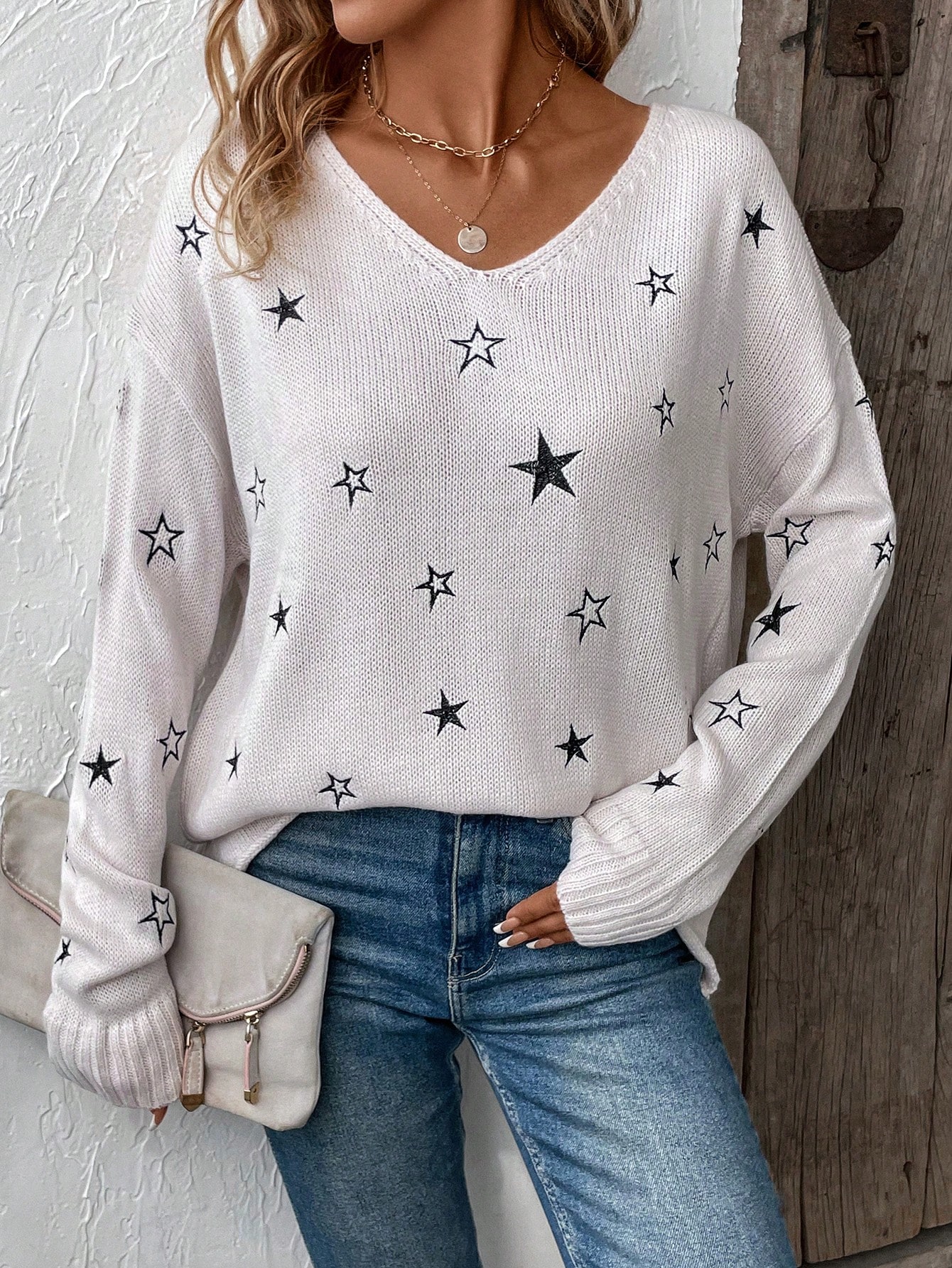 Shein Lune Star Pattern Drop Shoulder Sweater Shein Usa