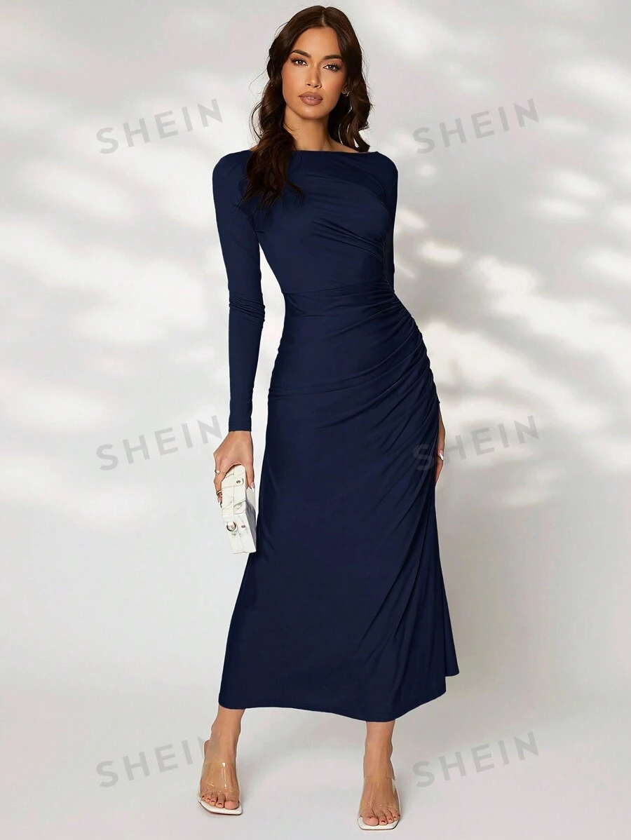SHEIN Modely Solid Ruched Side Dress | SHEIN USA
