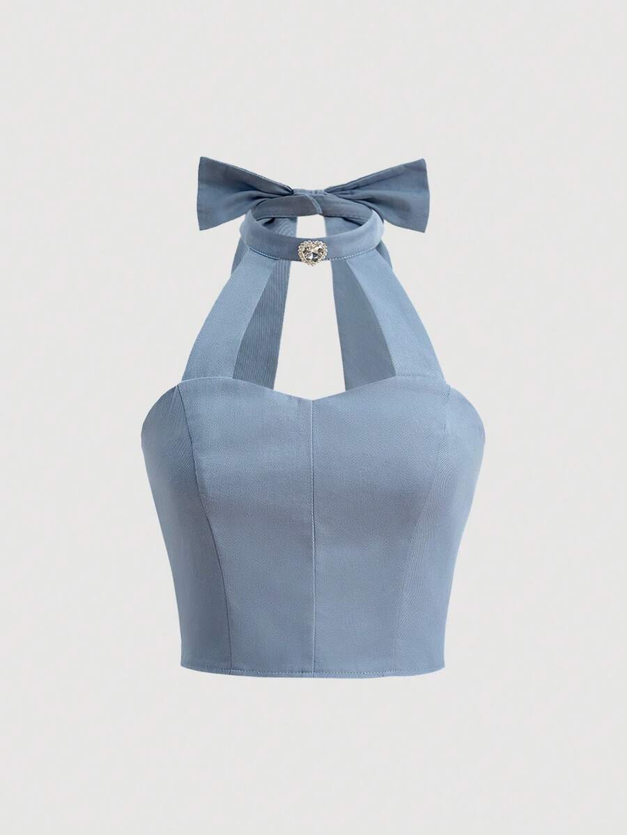 SHEIN MOD Sólido Cut Out Frontal Decoração De Strass Costas De Arco ...