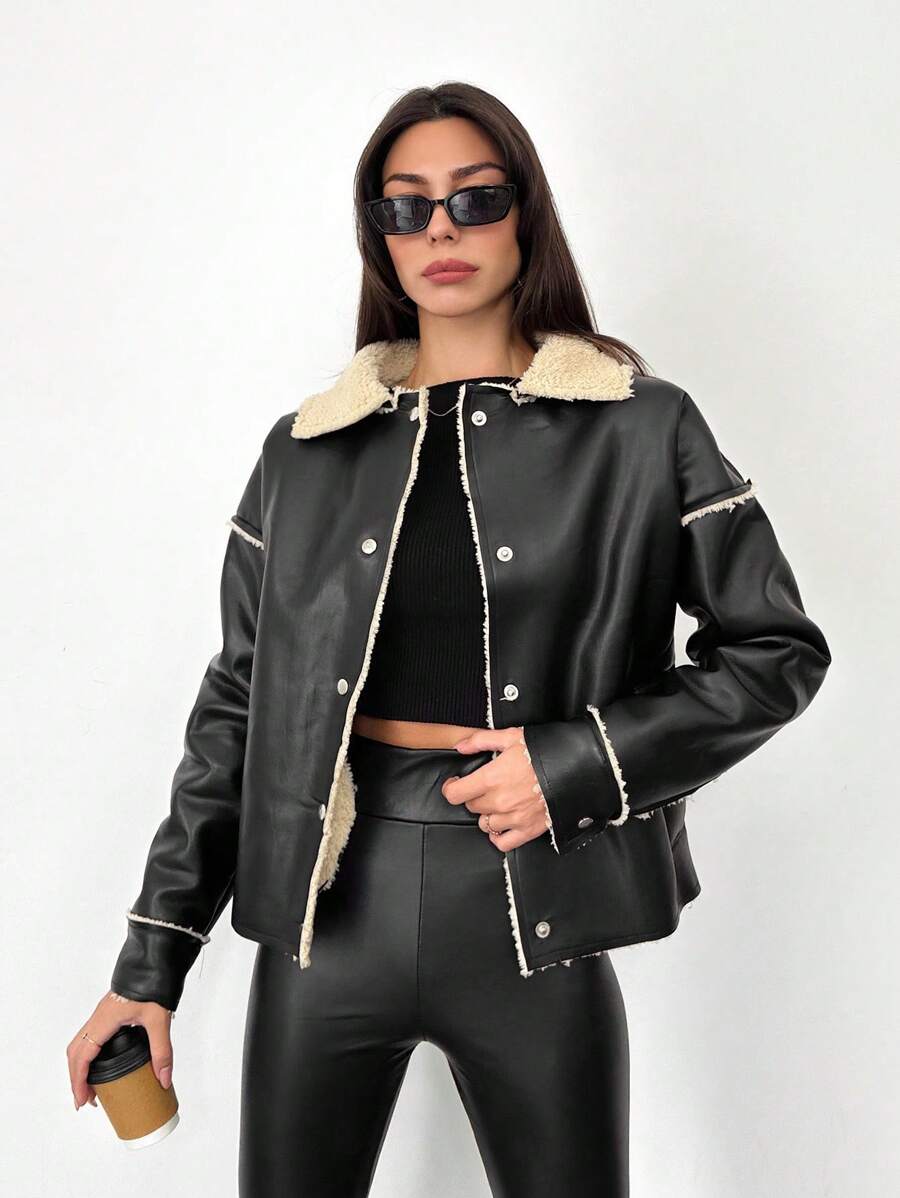 EURMUSE Cazadora con forro teddy PU | Mode de Mujer | SHEIN España