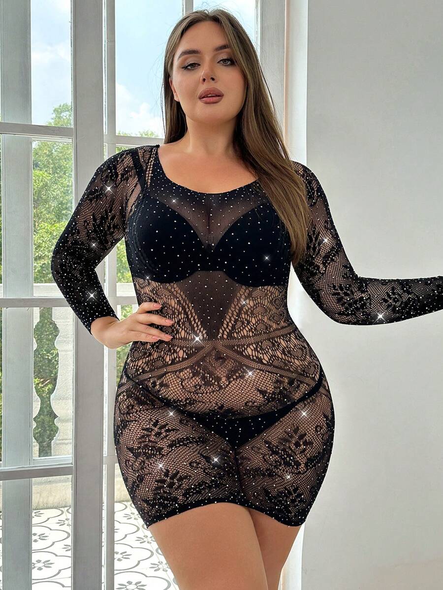 Classic Sexy Plus Size Sexy Rhinestone Decor Long Sleeve Dress Without Built-in Bra | SHEIN USA