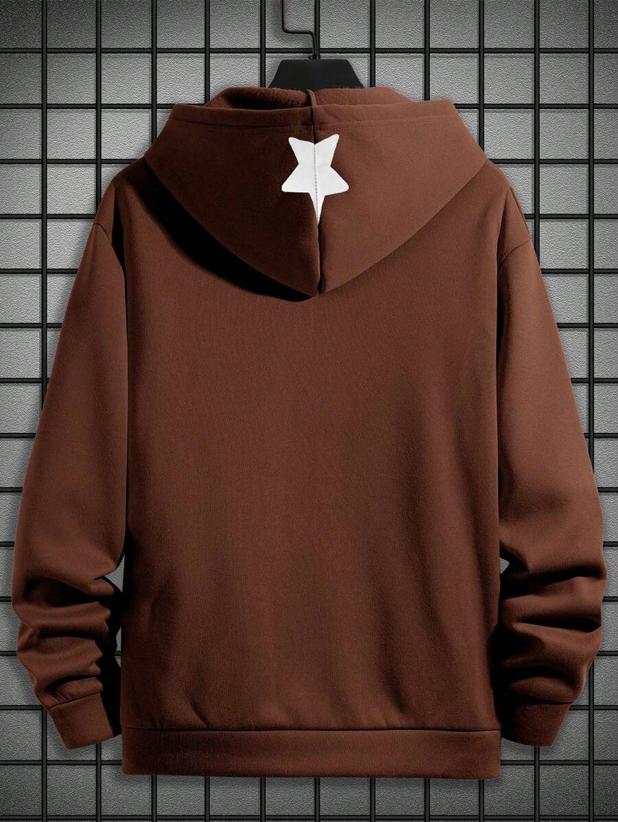 Manfinity Hypemode Loose Fit Letter & Star Print Zipper Closure Drawstring Hooded Sweatshirt For ...