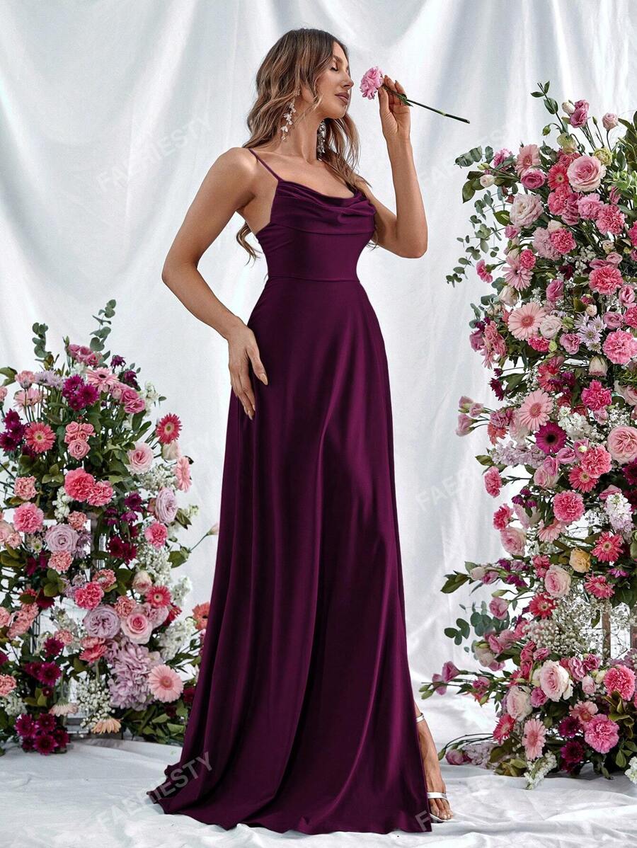 Faeriesty Elegant Spaghetti Strap Evening Gown With Ruched Bodice & High Slit - Formal Dress For ...