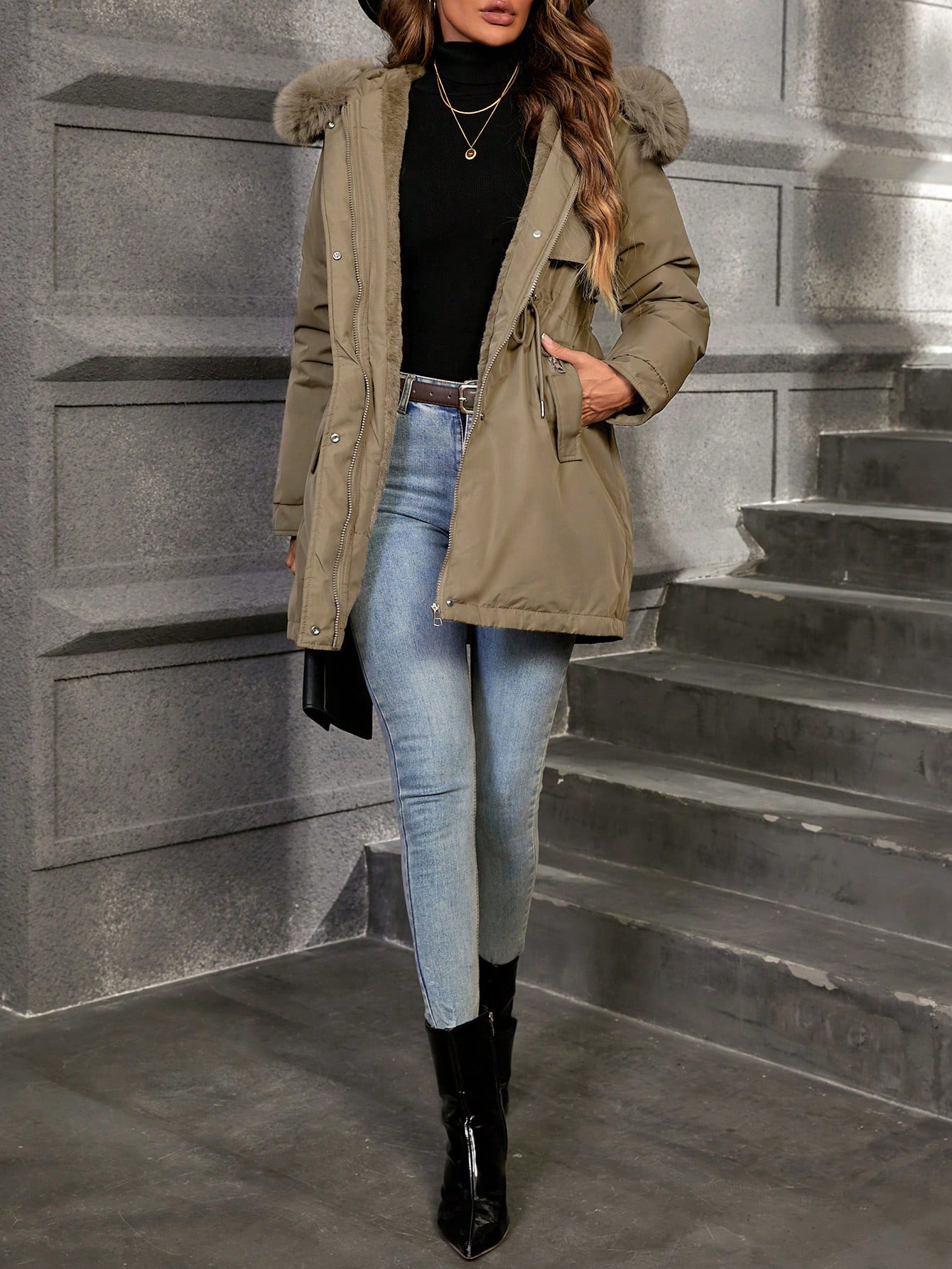 SHEIN LUNE Drawstring Waist Fuzzy Trim Hooded Parka Coat | SHEIN UK