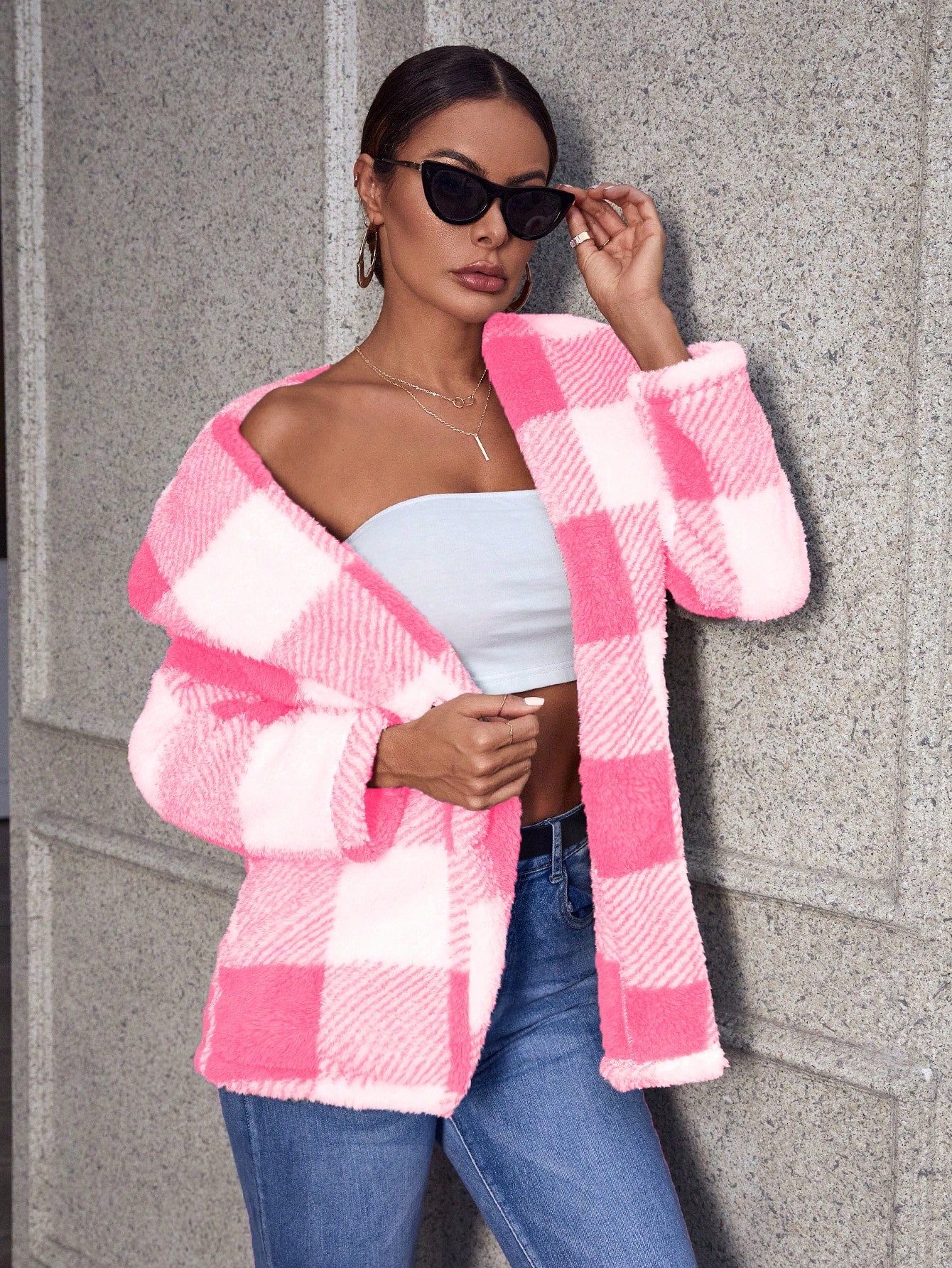 SHEIN LUNE Buffalo Plaid Pattern Waterfall Collar Teddy Coat | SHEIN USA