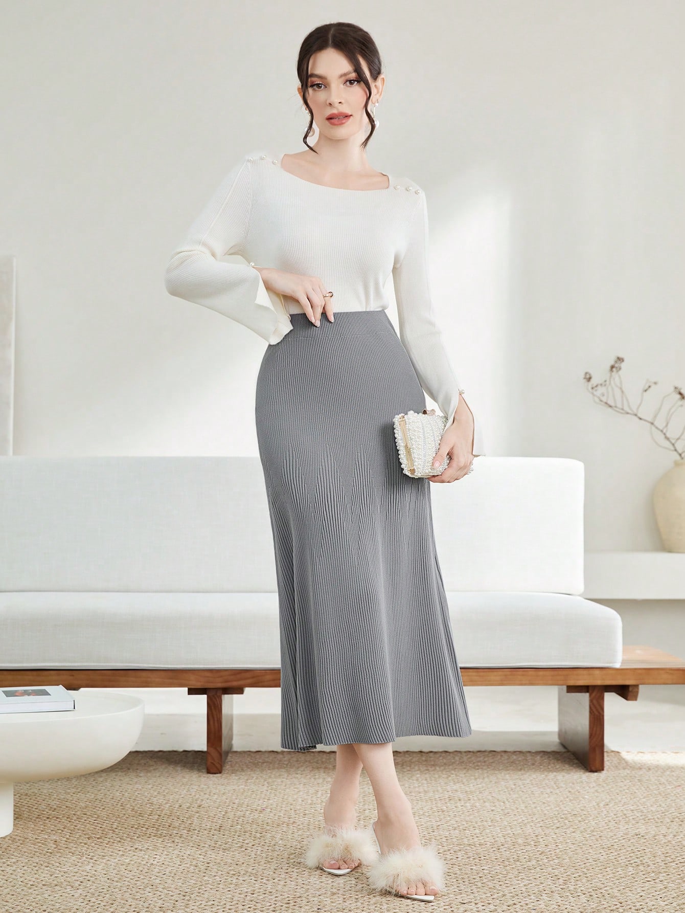 Shein Mulvari High Waist Solid Knit Skirt Shein Usa