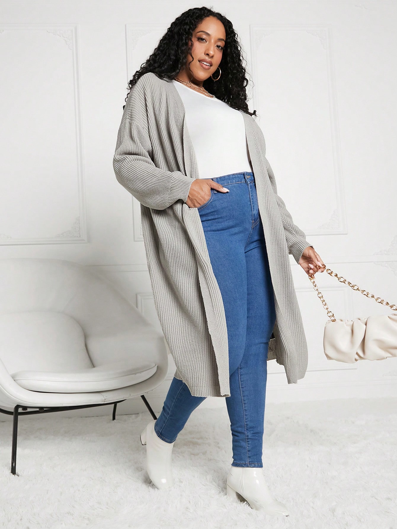 SHEIN CURVE+ Plus Size Solid Color Loose Open Front Long Cardigan ...