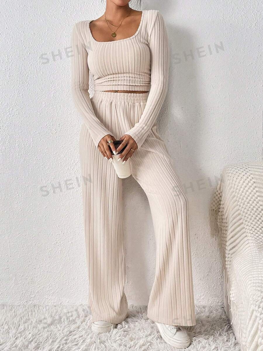 SHEIN Frenchy Women's Crop Top And Long Pants Striped Textured Fabric ...