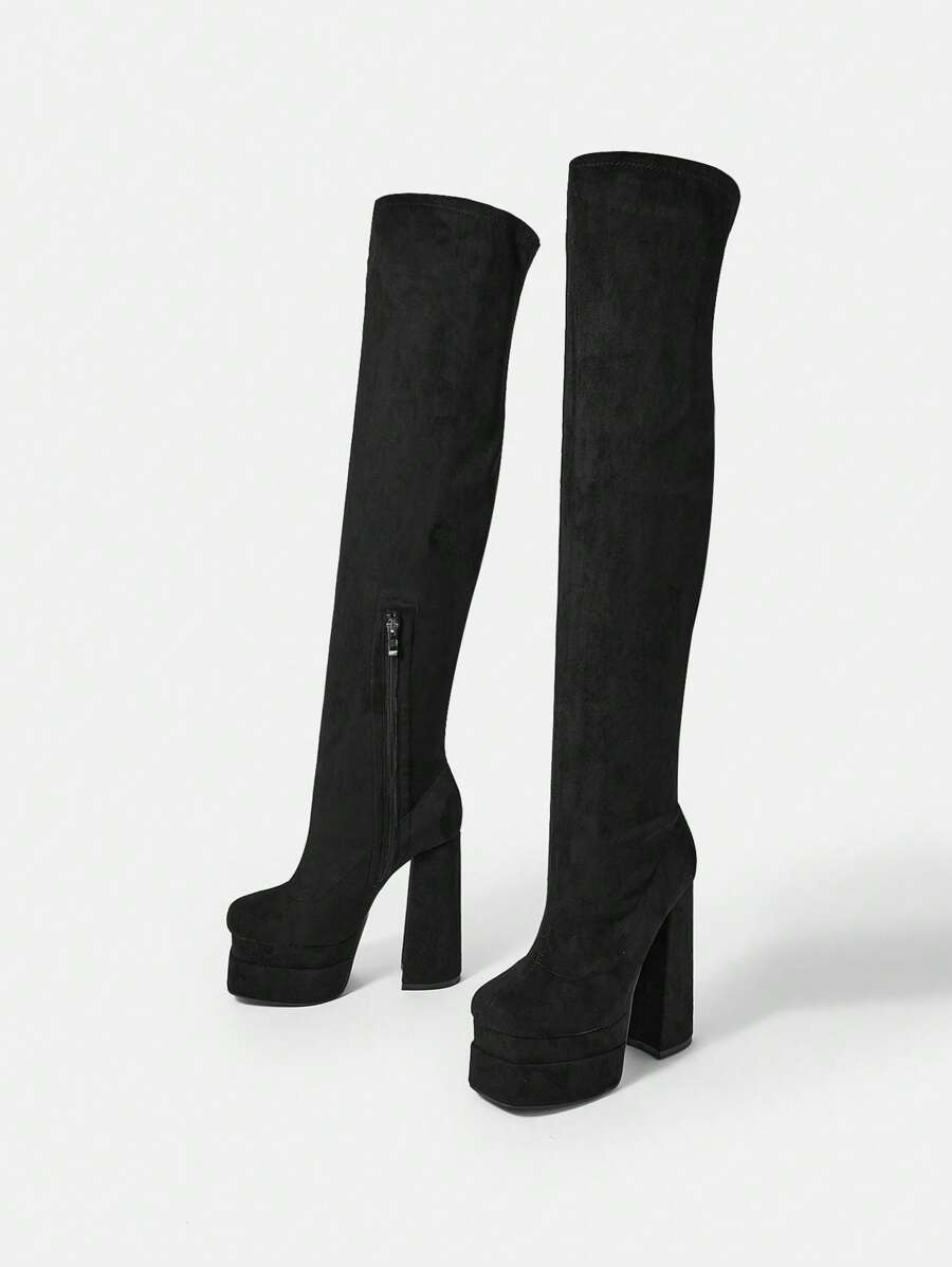 SHEIN SXY Botas de punta cuadrada grueso tacón impermeable plataforma ...