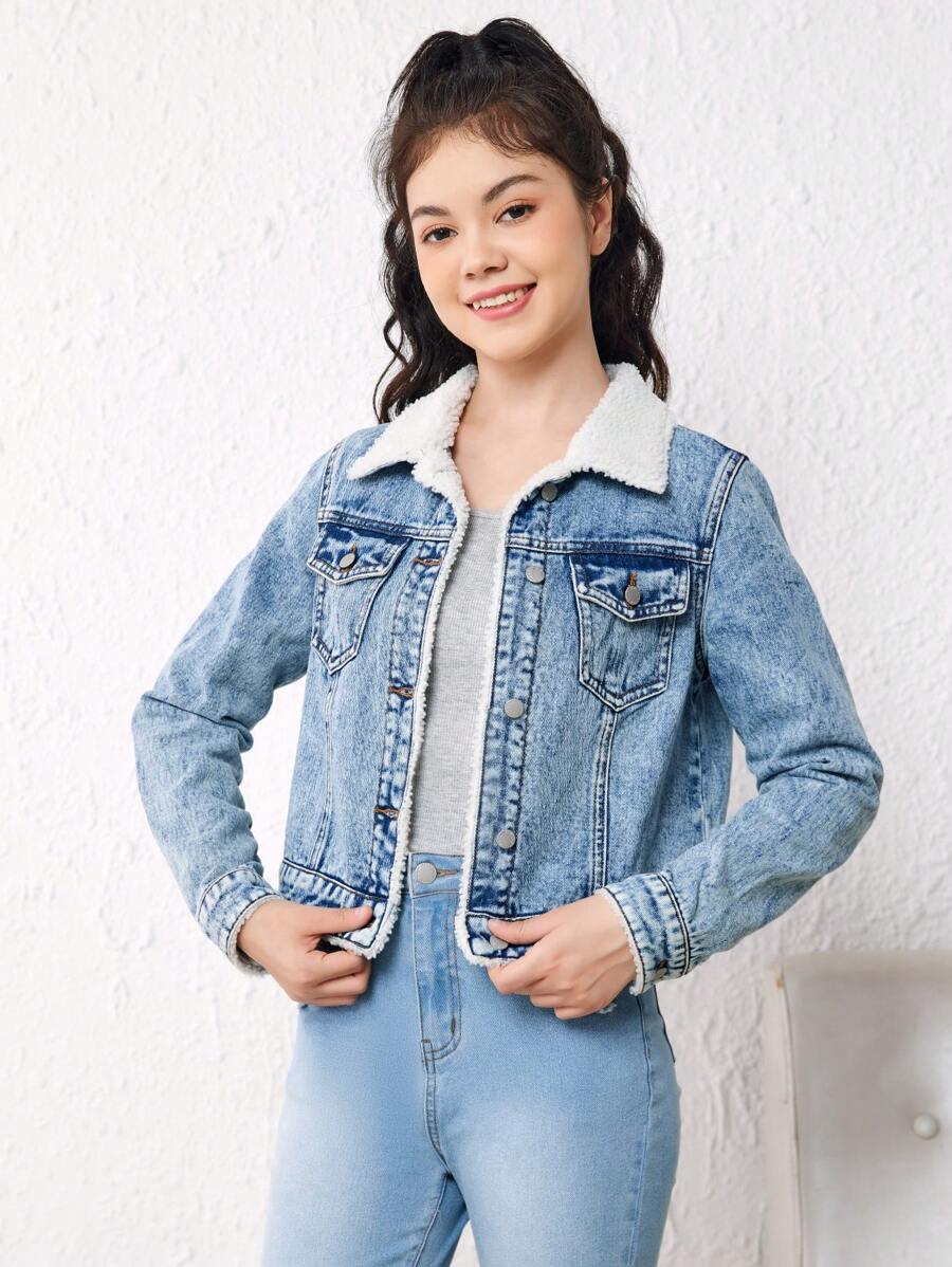 SHEIN Teen Girl Borg Collar Teddy Lined Denim Jacket | SHEIN USA