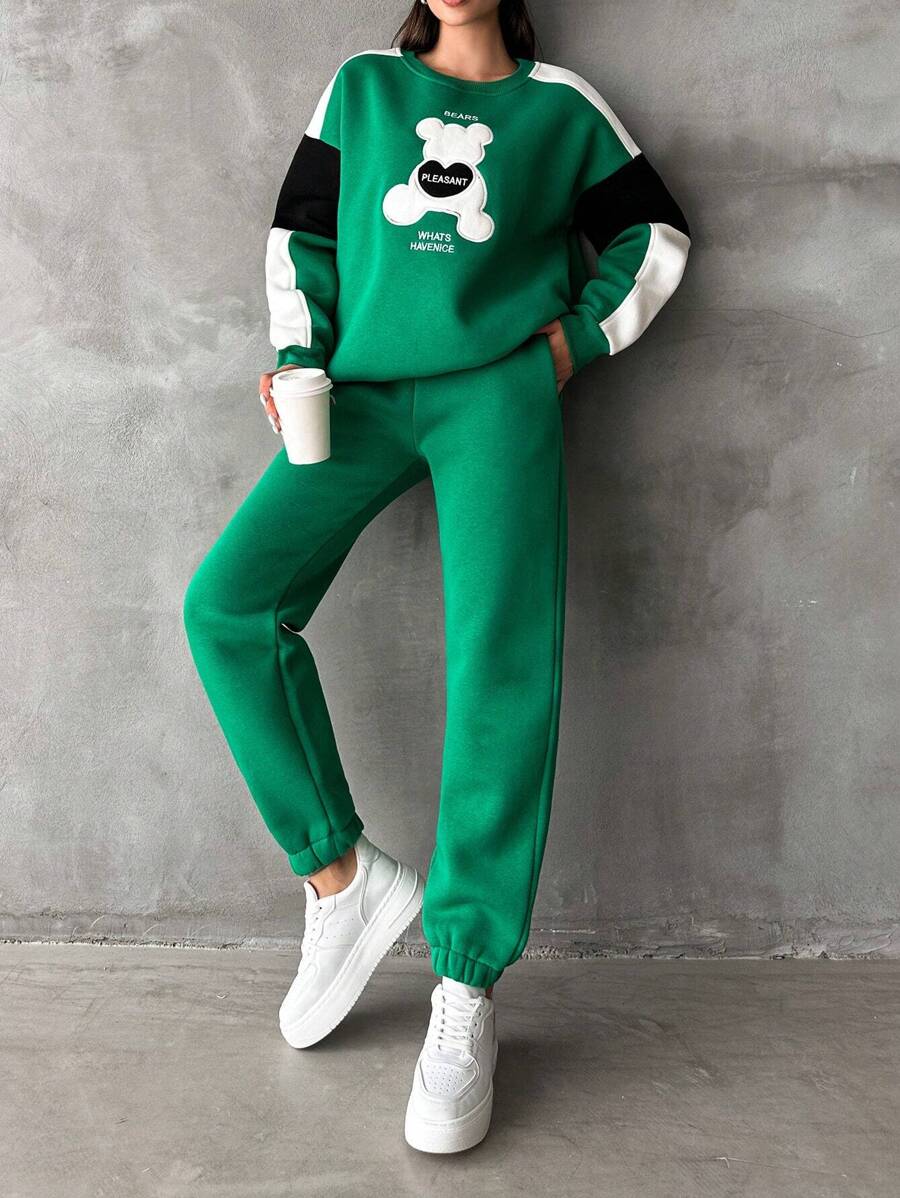 EURMUSE Women's Color Block Teddy Bear Embroidered Sweatshirt And ...