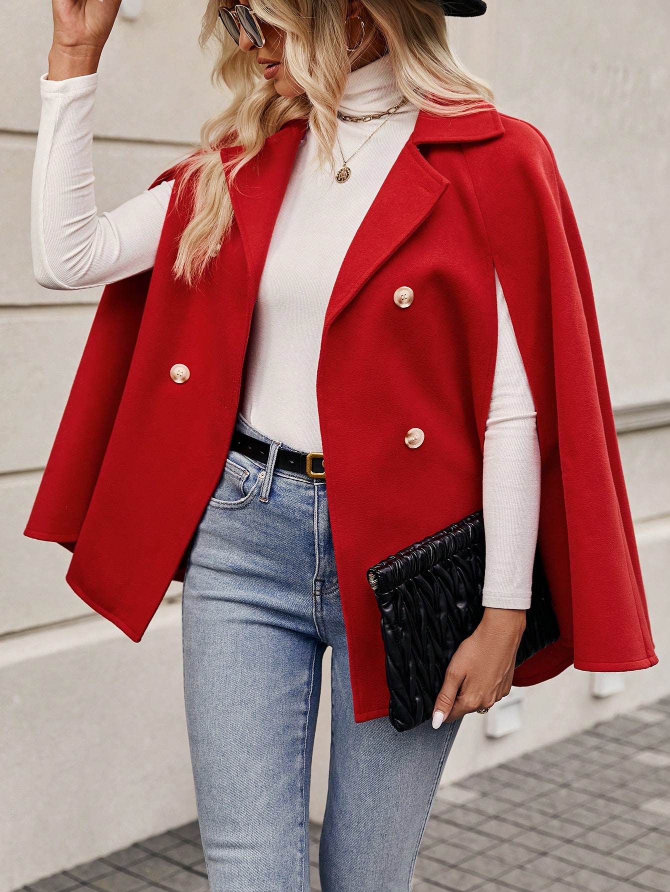 SHEIN Clasi Cloak Sleeve Double Breasted Cape Overcoat | SHEIN USA