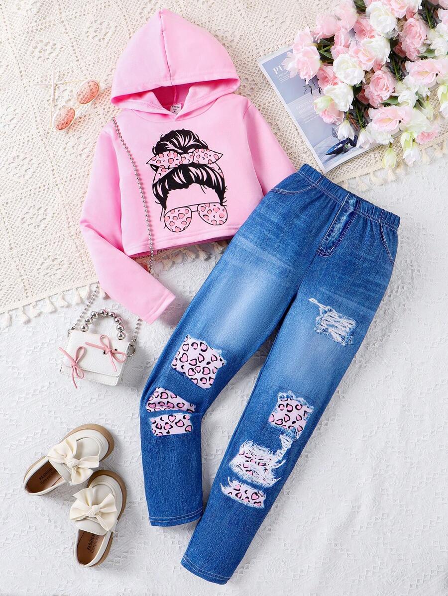 SHEIN Tween Girl Figure Graphic Hoodie & Jeans | SHEIN USA