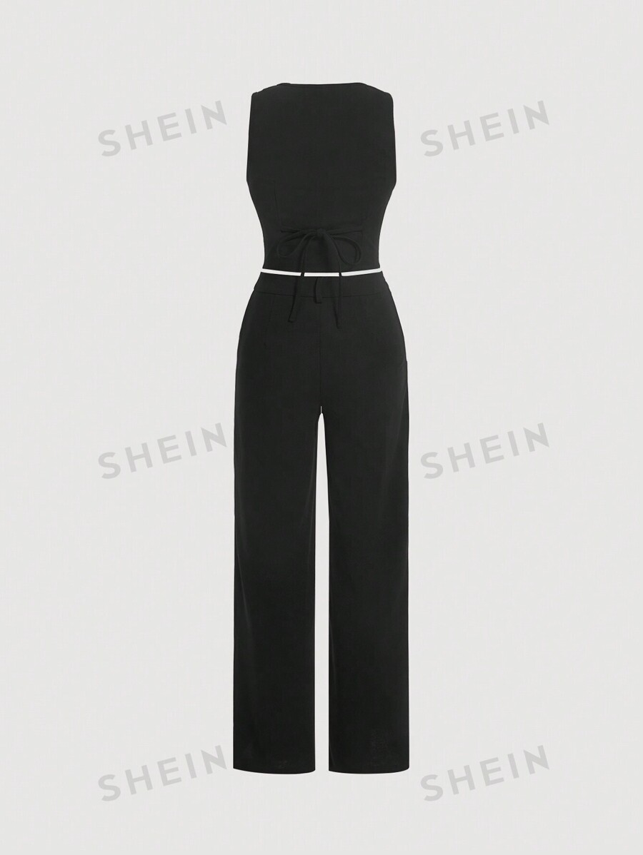 SHEIN MOD Black Date Night Front Buckle V-Shaped Hem Solid Button Front ...