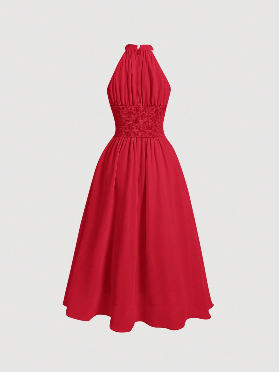 SHEIN MOD Solid Ruffle Trim Ruched Halter Red Long Dress | SHEIN UK