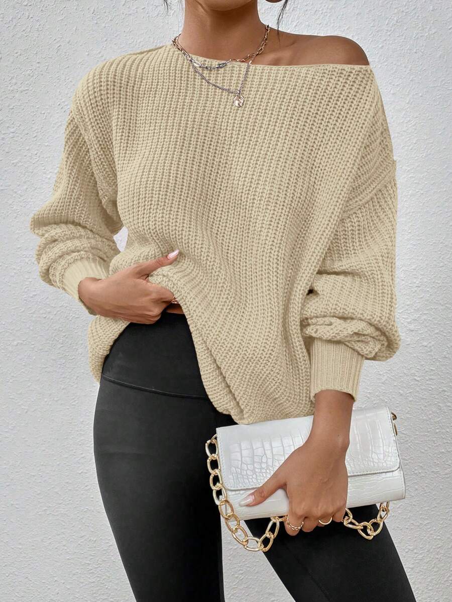 SHEIN LUNE Boat Neck Drop Shoulder Ribbed Knit Sweater | SHEIN USA