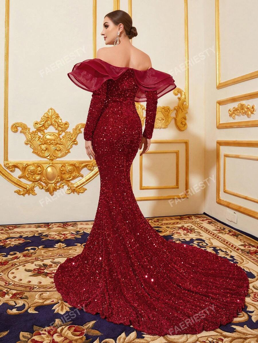 Faeriesty Off Shoulder Ruffle Trim Sequin Prom Dress | SHEIN UK