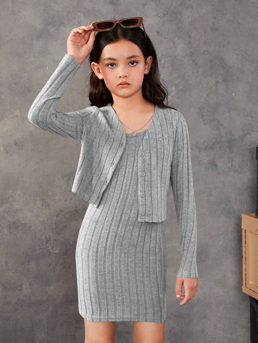 SHEIN Tween Girl Knitted Solid Color Spaghetti Strap Dress With Jacket ...