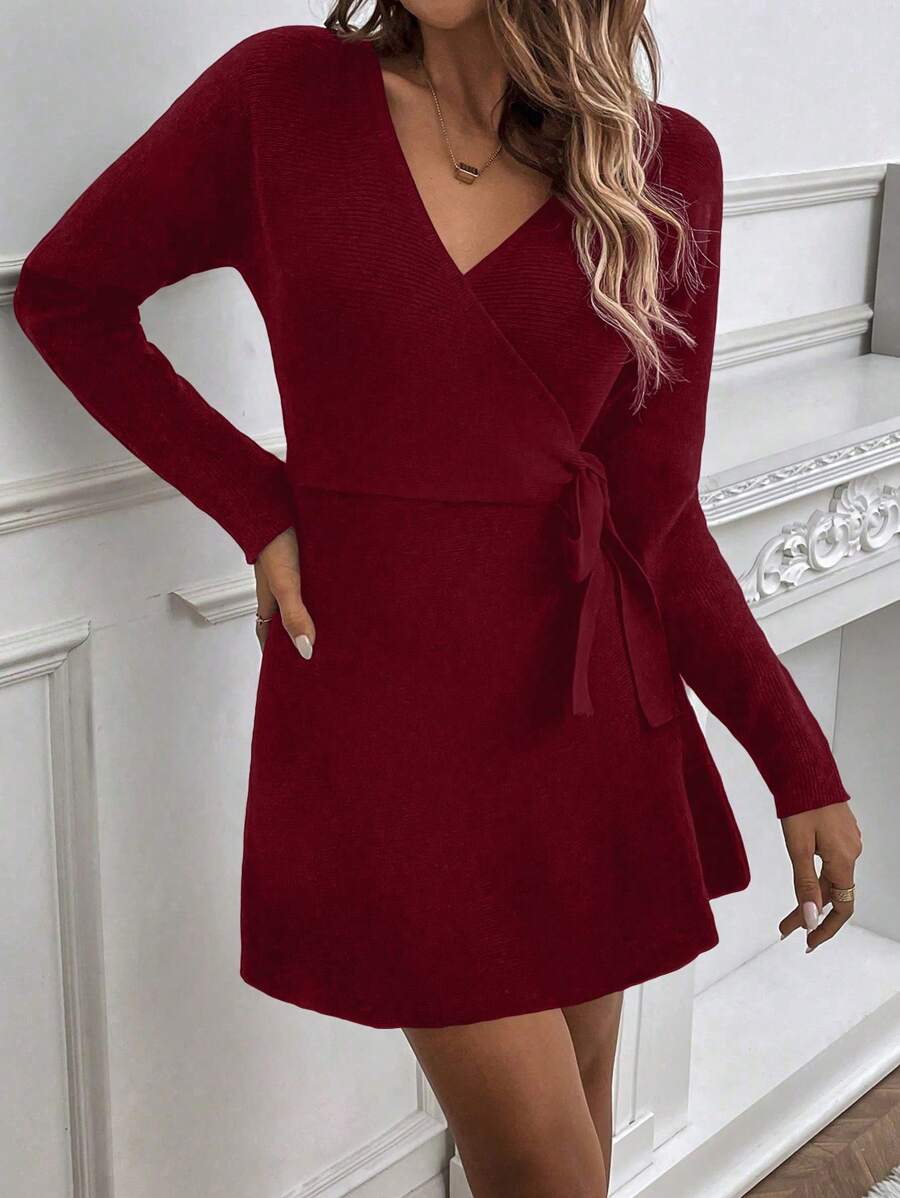SHEIN LUNE Surplice Neck Knot Side Sweater Dress | SHEIN USA
