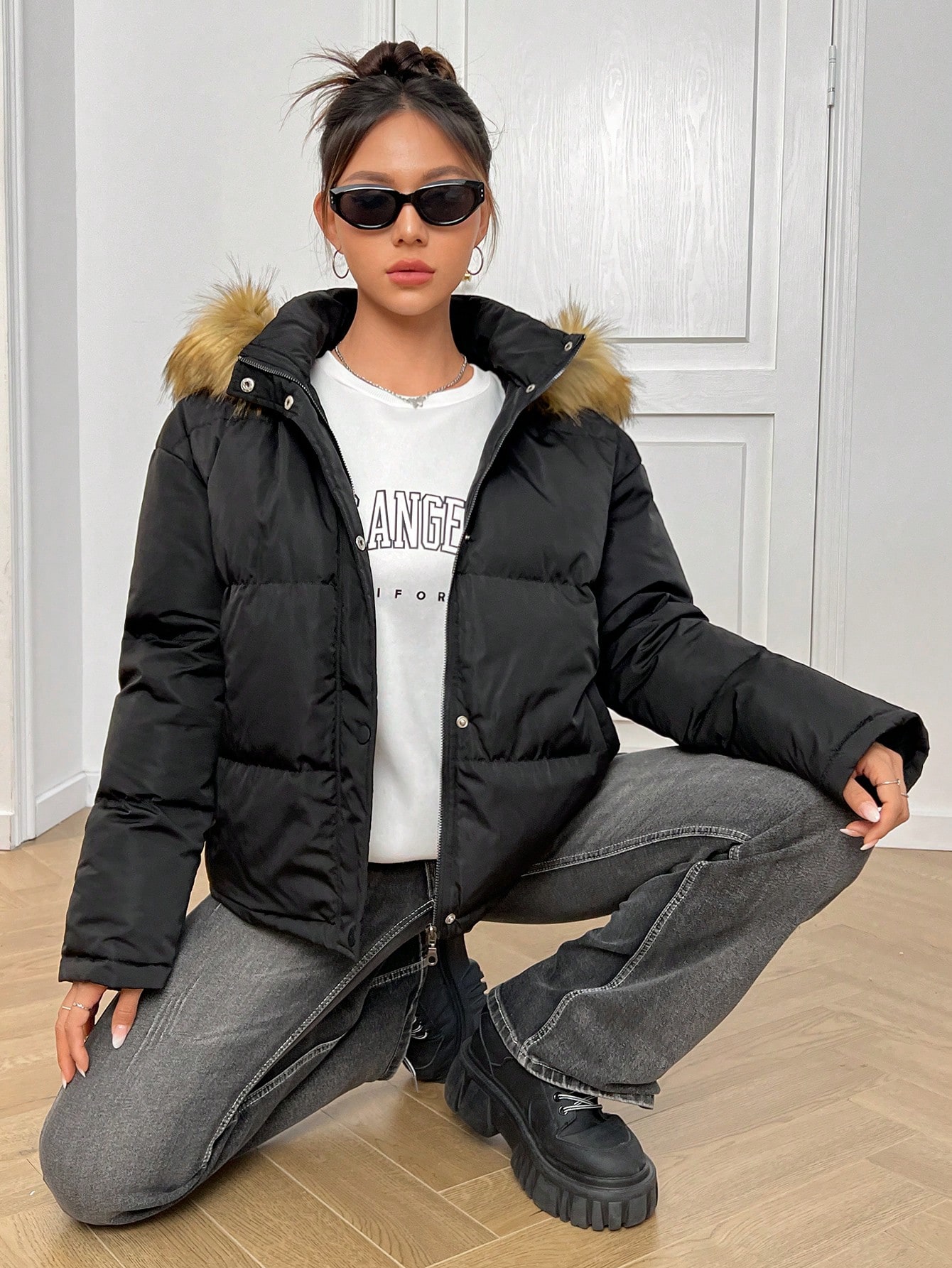 SHEIN EZwear Fuzzy Trim Hooded Puffer Coat | SHEIN USA