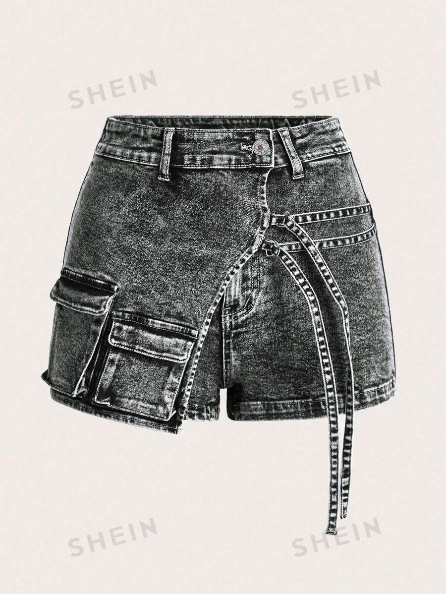 SHEIN ICON Flap Pocket Buckle Detail Denim Shorts | SHEIN USA