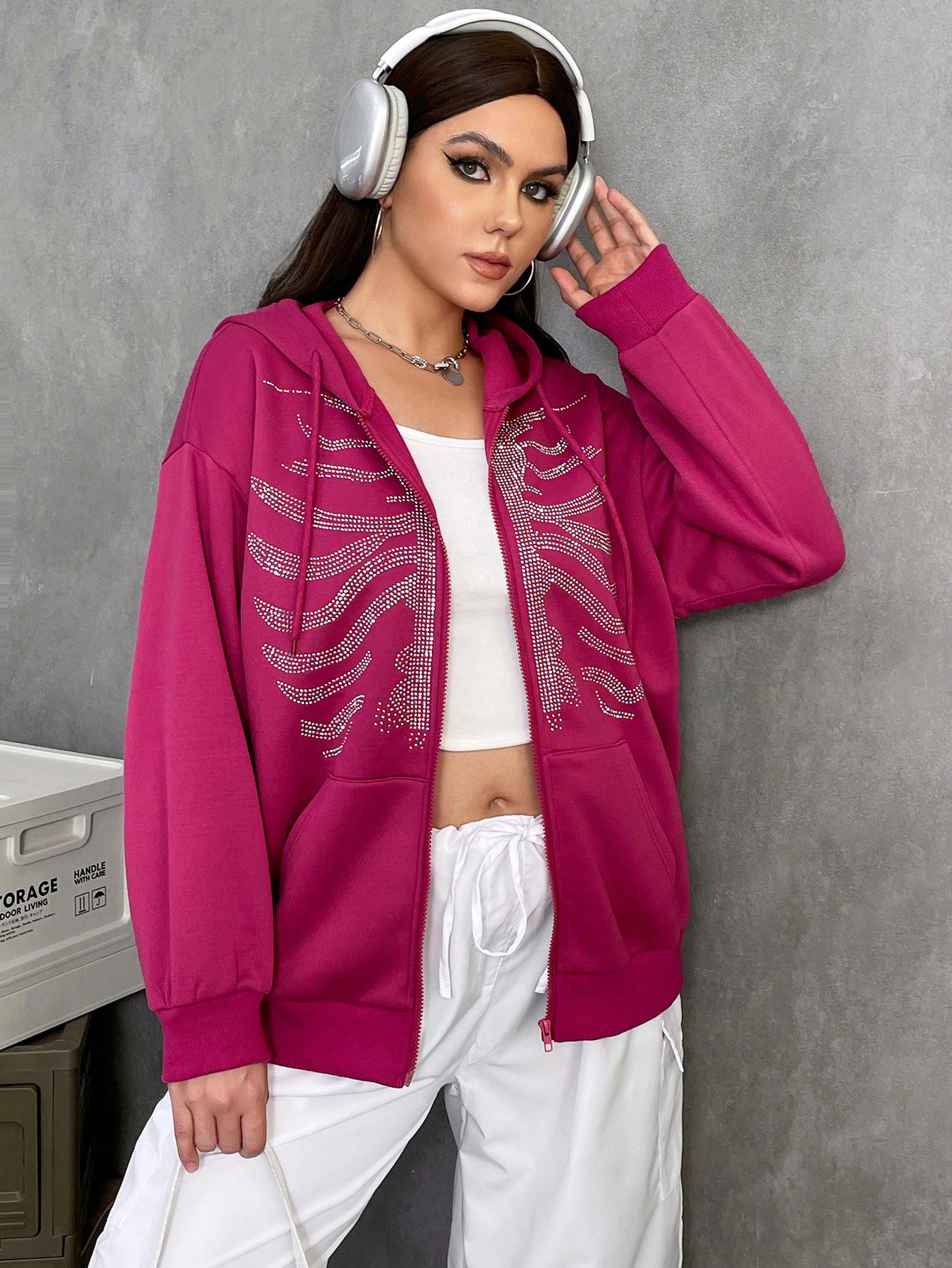 SHEIN EZwear Plus Rhinestone Skeleton Graphic Drop Shoulder Drawstring ...