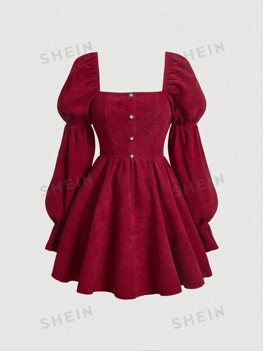SHEIN MOD Square Neck Flare Sleeve Corduroy Dress | SHEIN USA
