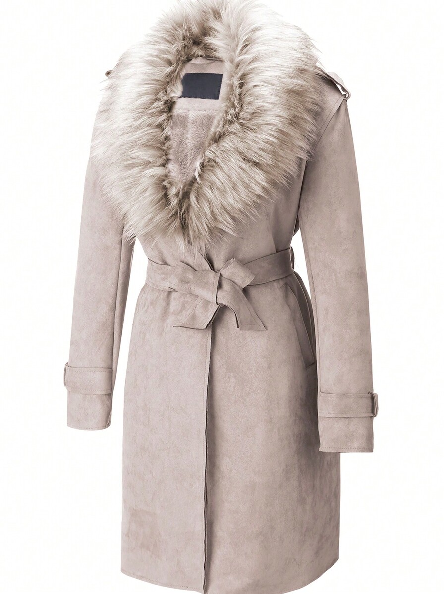 Fuzzy Collar Belted Suedette Coat | SHEIN USA