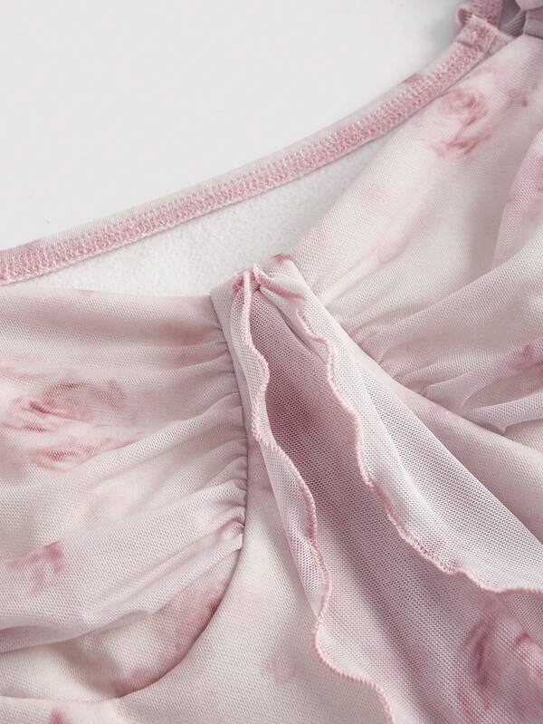 SHEIN MOD Floral Print Ruffle Trim Flounce Sleeve Ruched Bust Ruffle ...