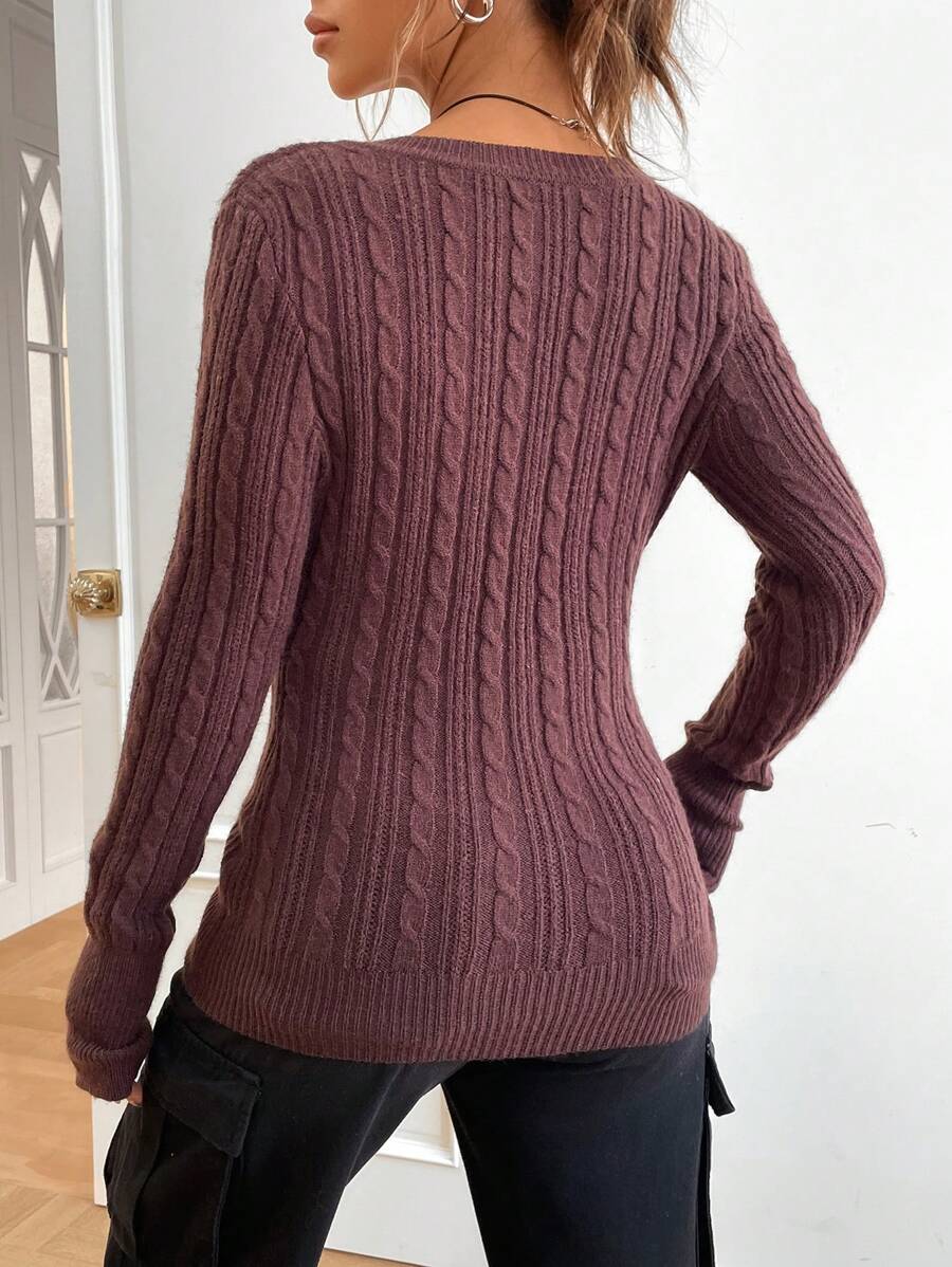 SHEIN EZwear Women's Spring Fashionable 1pc Solid Cable Knit V Neck ...