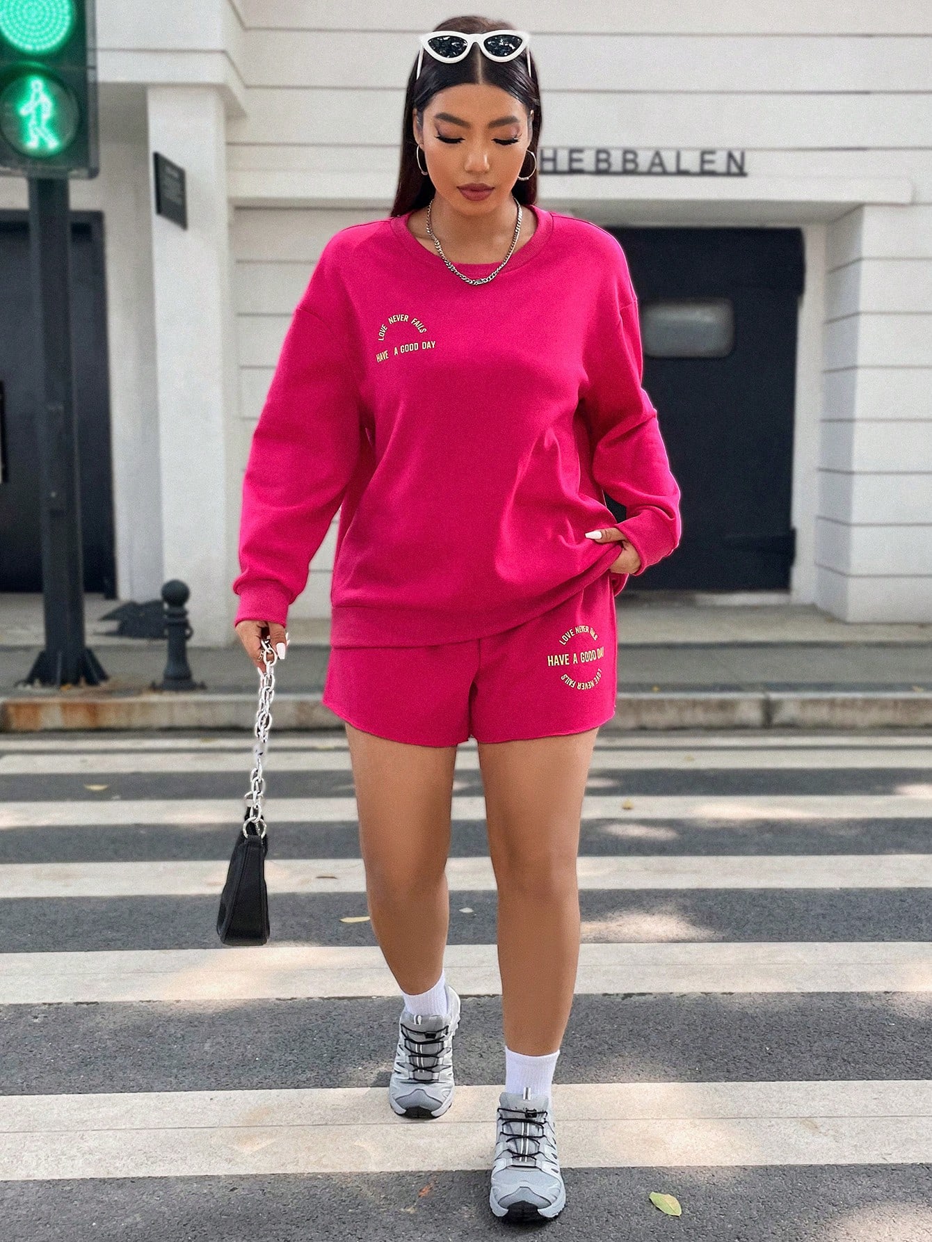 Shein Ezwear Plus Slogan Graphic Drop Shoulder Sweatshirt And Shorts