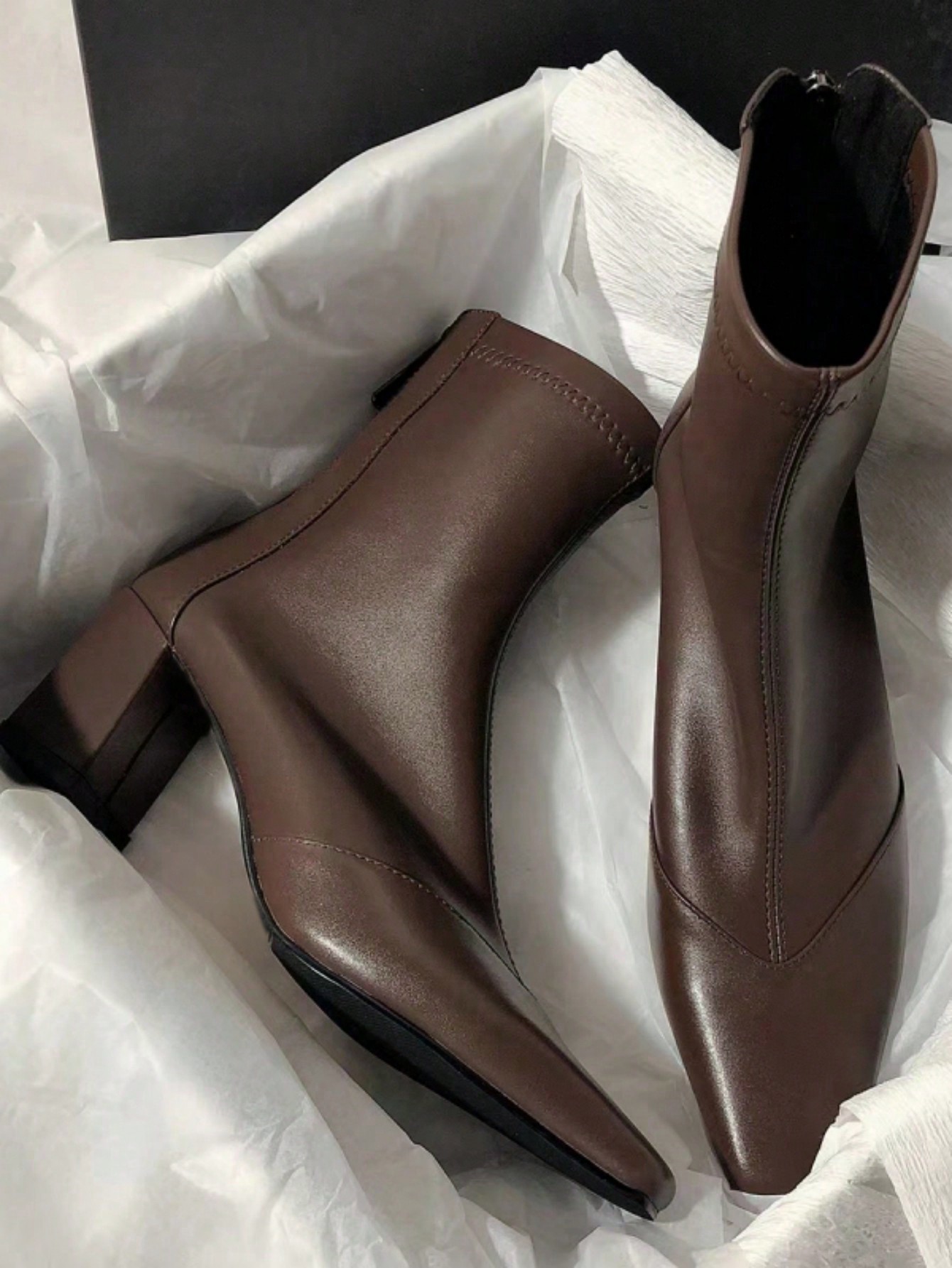 Women's Fashionable Coffee Colored Chunky Heel Slim Fit Ankle Boots ...